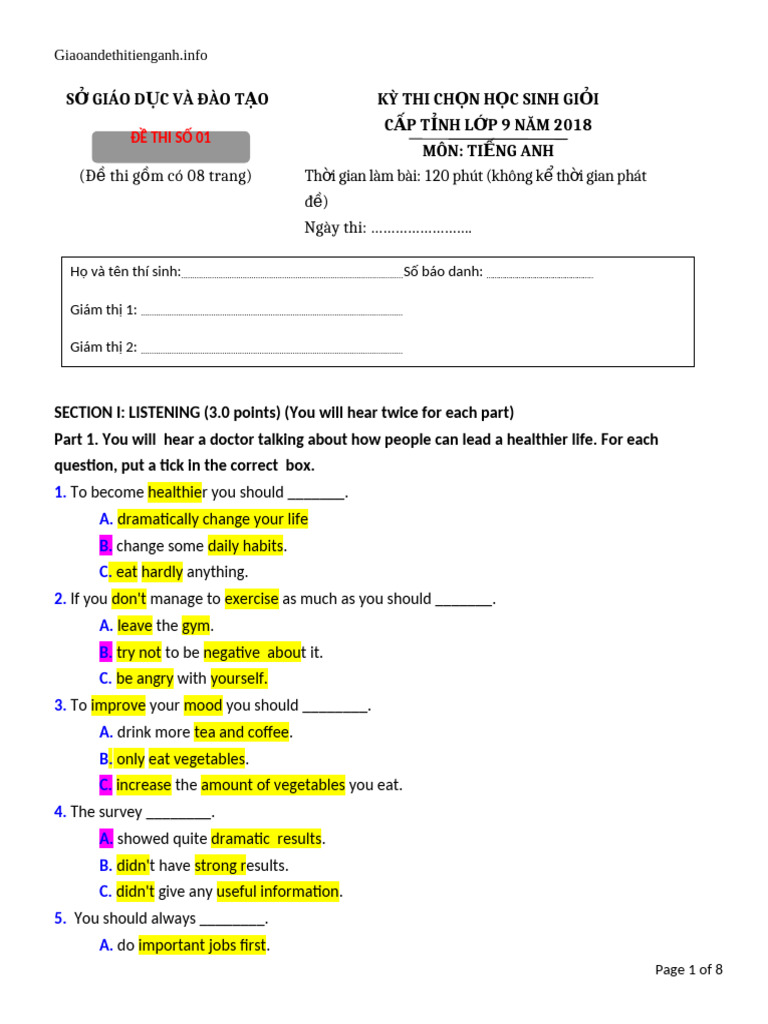 Đề Số 01-HSG Anh 9 | PDF
