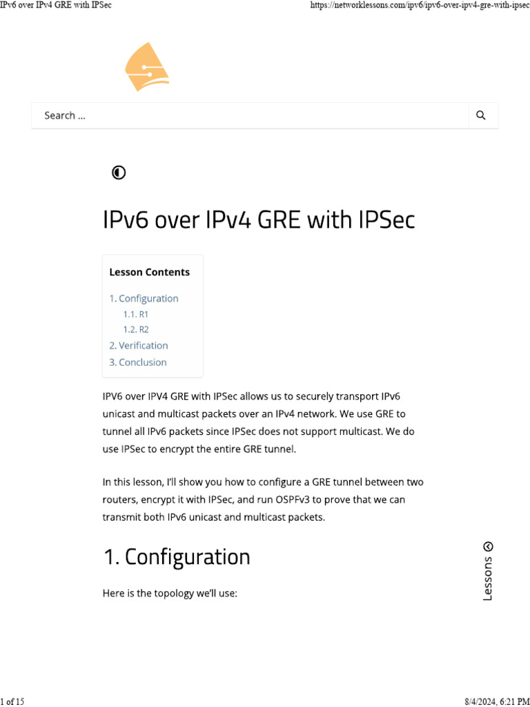 IPv6 Over IPv4 GRE With IPSec | PDF