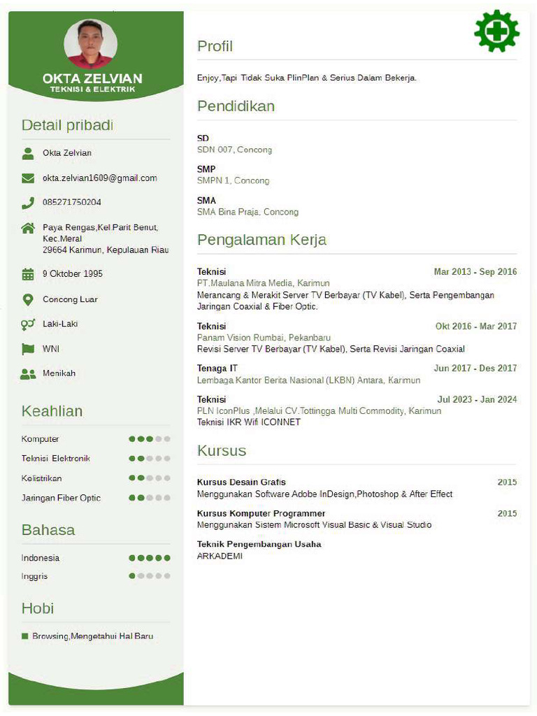 Okta Zelvian Teknisi Fo & Elektrik | PDF