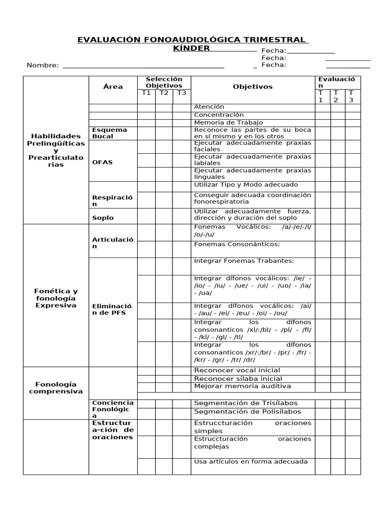 EVALUACIÓN FONOAUDIOLÓGICA TRIMESTRAL Kinder | PDF