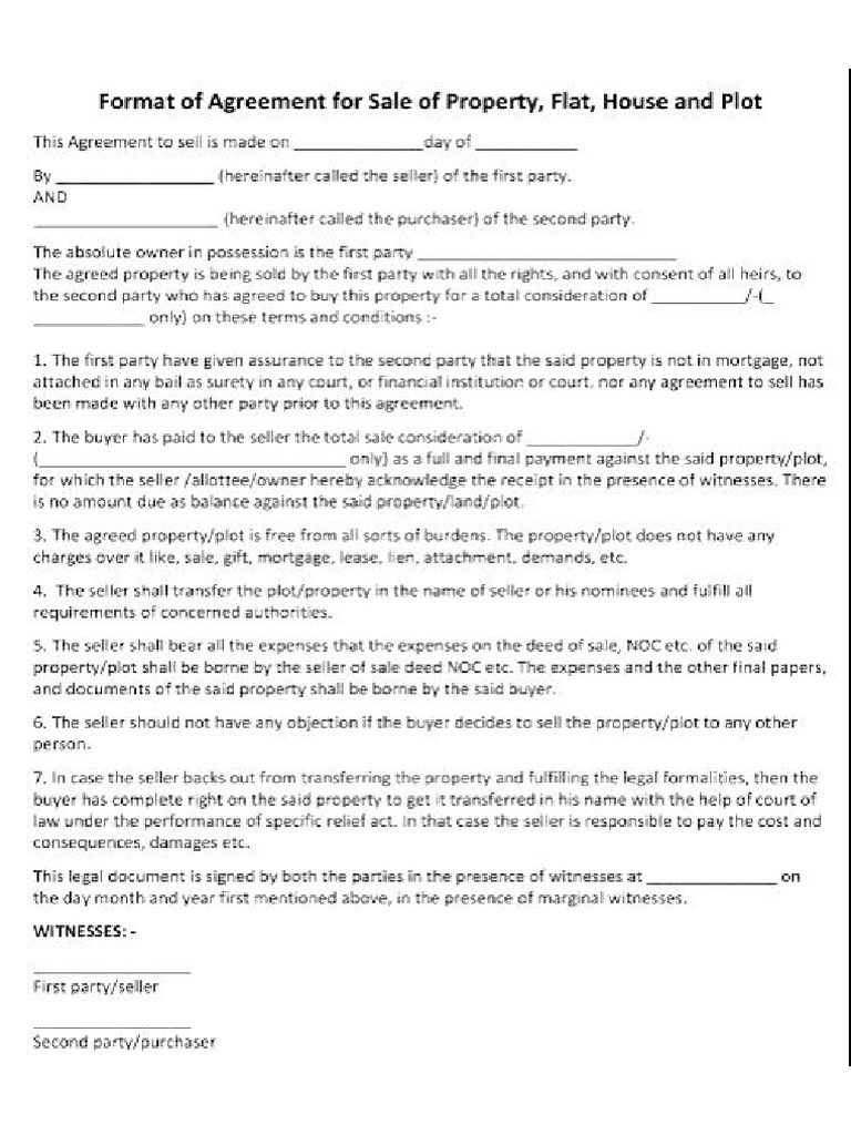 Format of Agreement of Sale of Property, Flat, House | PDF