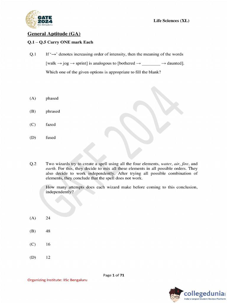 GATE 2024 Life Sciences Question Paper | PDF