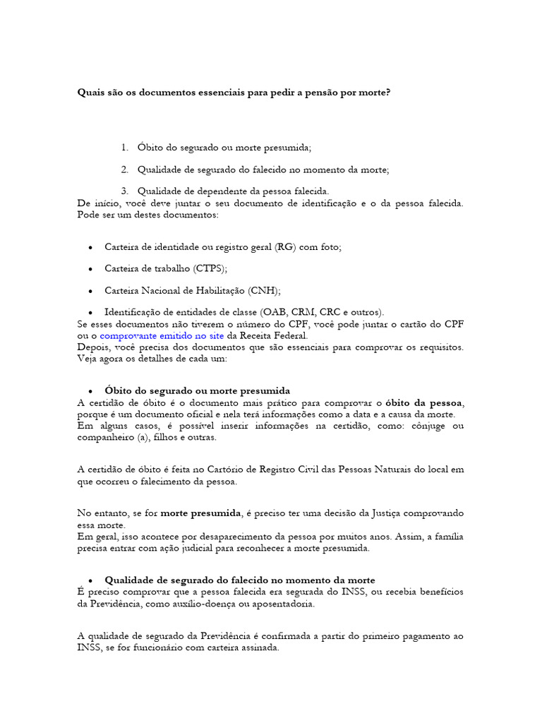 Quais São Os Documentos Essenciais para Pedir A Pensão Por Morte | PDF