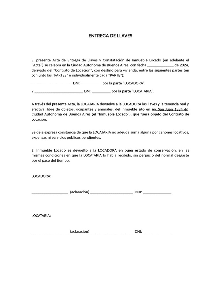ENTREGA DE LLAVES Modelo | PDF