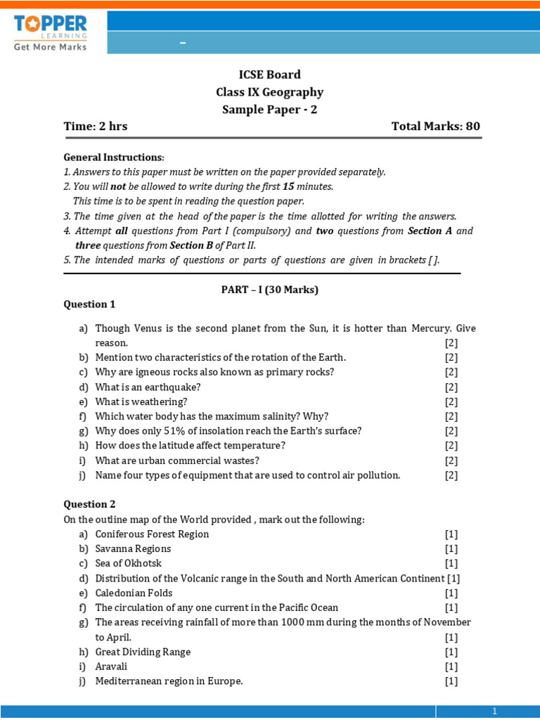 ICSE IX Geography Questions Sample Papers 1 | PDF