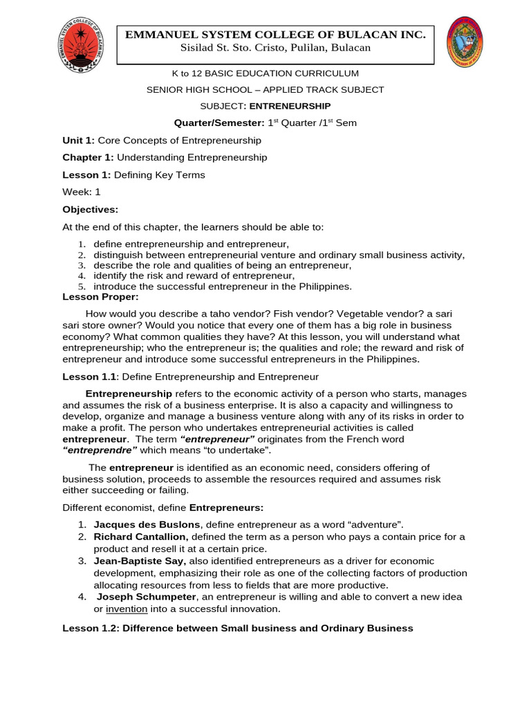 Entrep - Lesson 1 | PDF