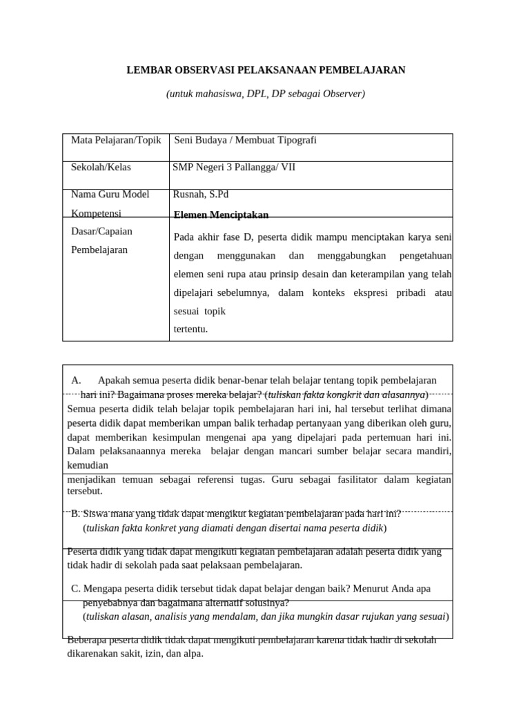 Siklus 2 - Lembar Observasi Pelaksanaan Pembelajaran Untuk Observer | PDF