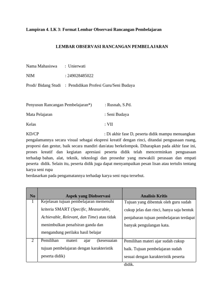 Siklus 1 - Lembar Observasi Rancangan Pembelajaran | PDF
