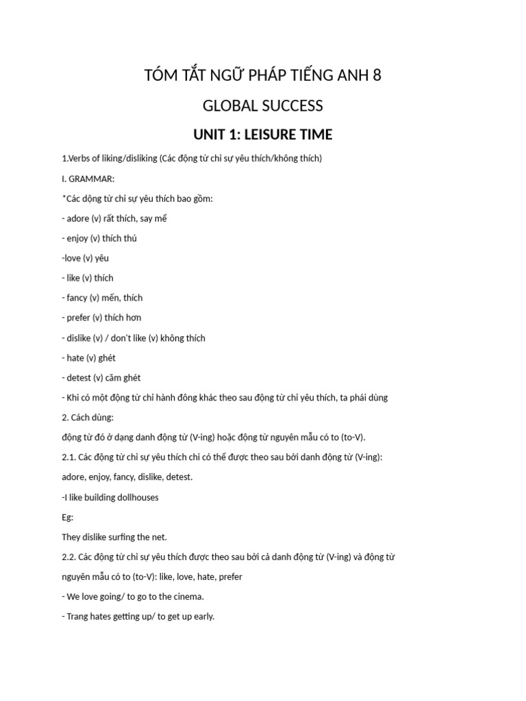 TÓM TẮT NGỮ PHÁP TIẾNG ANH 8 | PDF