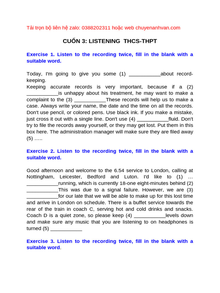 Bộ bài tập luyện nghe bậc THCS và THPT cực hay bộ 3 | PDF