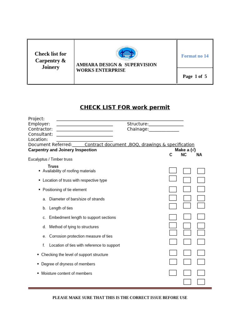 Carpenter Work Inspection Checklist | PDF