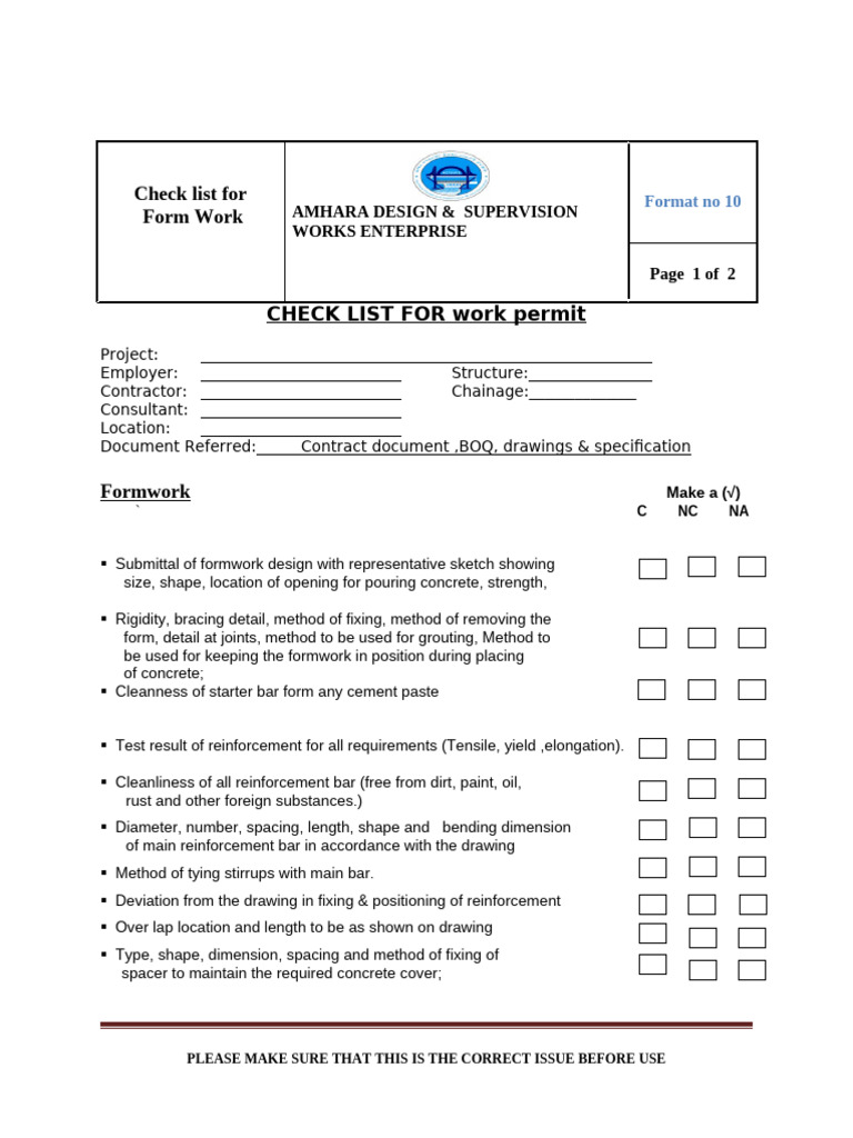 Form Work Inspection Checklist | PDF