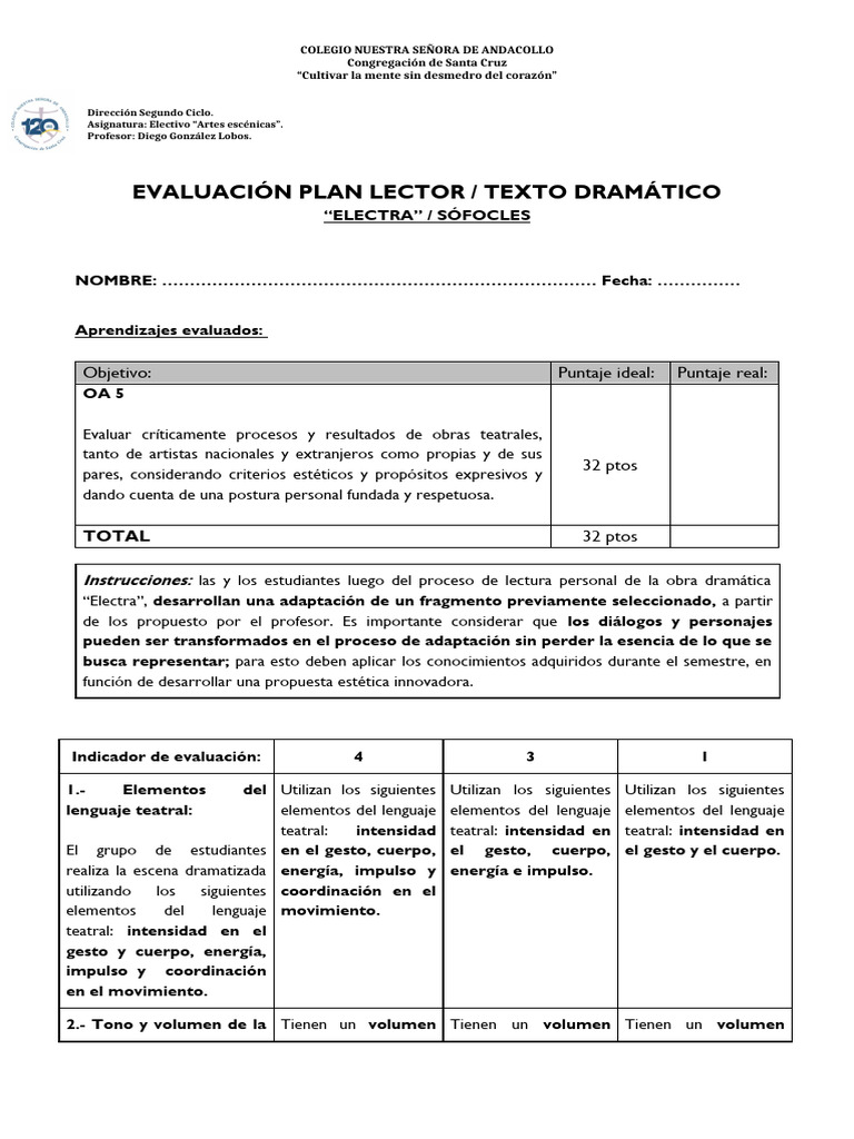 Rúbrica de Evaluación - Plan Lector - Electra - . | PDF