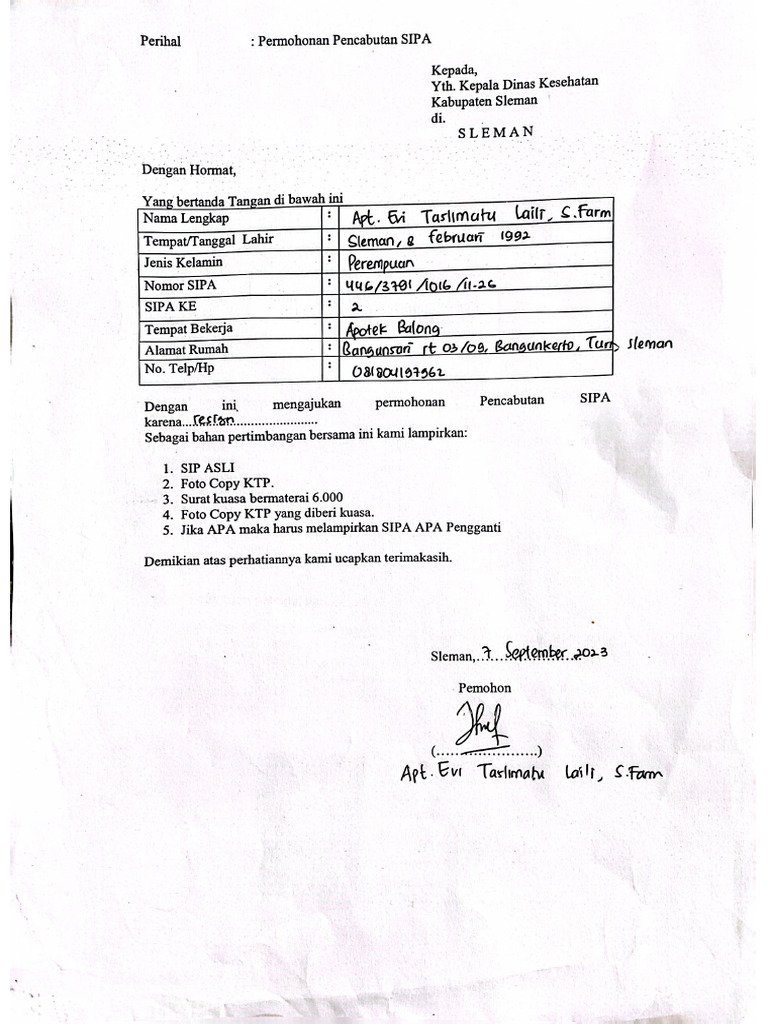 Surat Permohonan Pencabutan Sipa | PDF