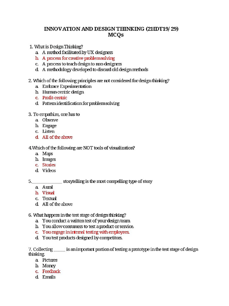 Innovation And Design Thinking Mcq Pdf 