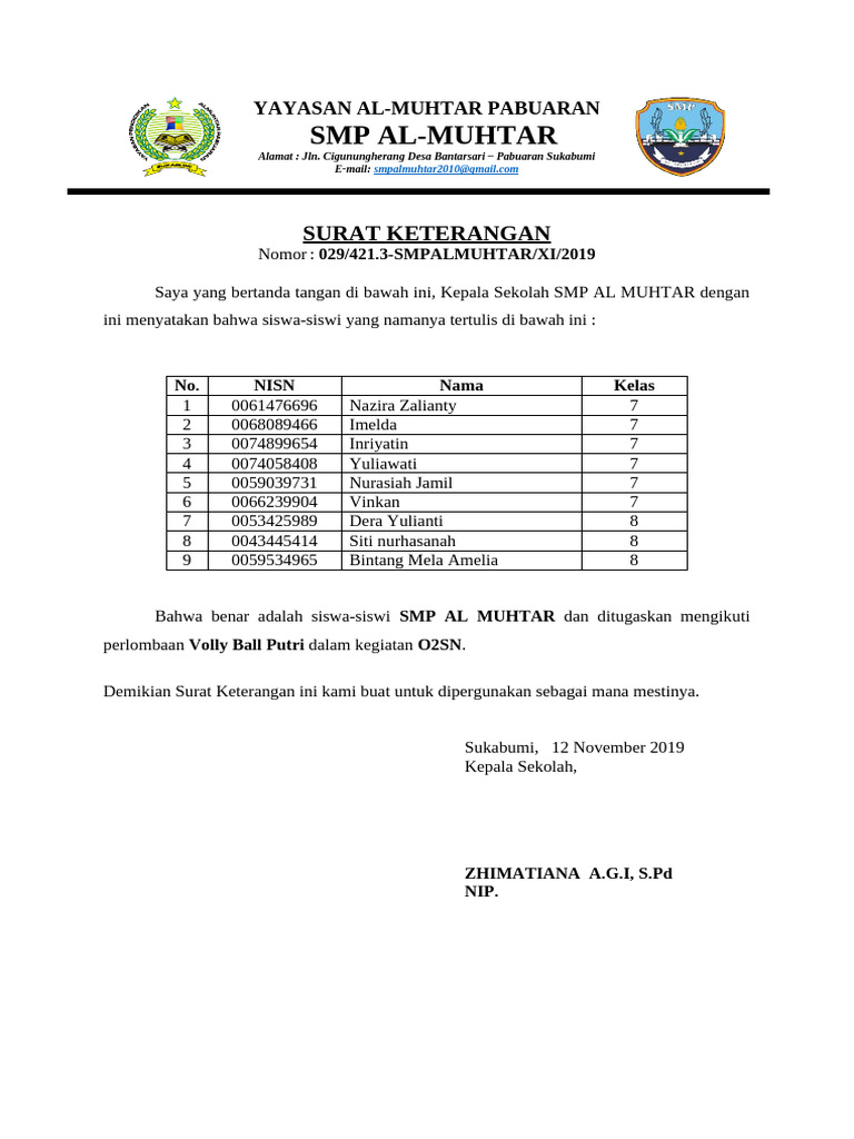 Surat Rekomendasi O2sn Volly Putri | PDF