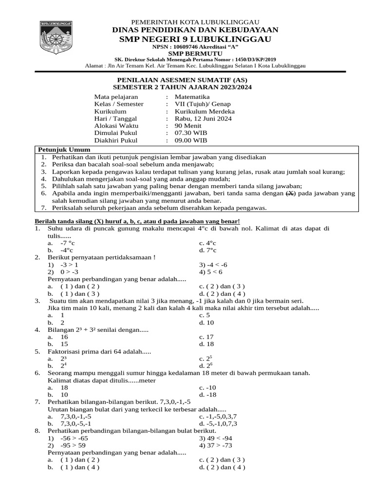 Soal Matematika 7 | PDF