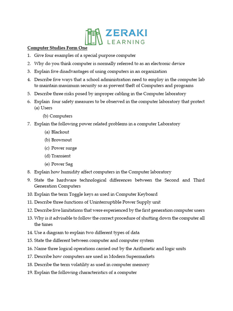 Form 1 Computer Studies Assignment 718 1590681447605 Zeraki Learning | PDF