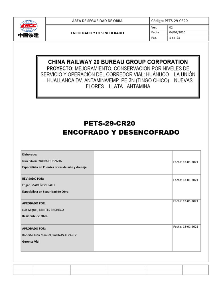 PETS-29-CR20 - Encofrado y Desencofrado | PDF | Hormigón | Sector secundario de la economía