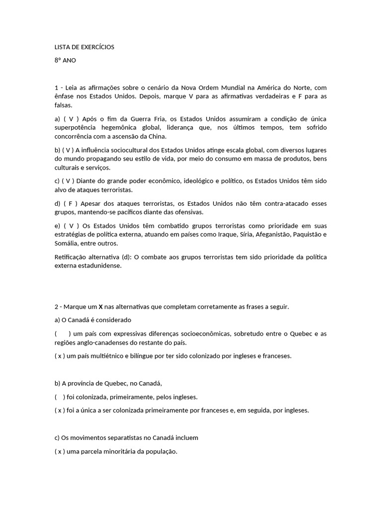 Lista de Exercícios GABARITO | PDF