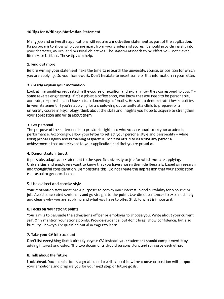 10 Tips For A Motivation Statement | PDF