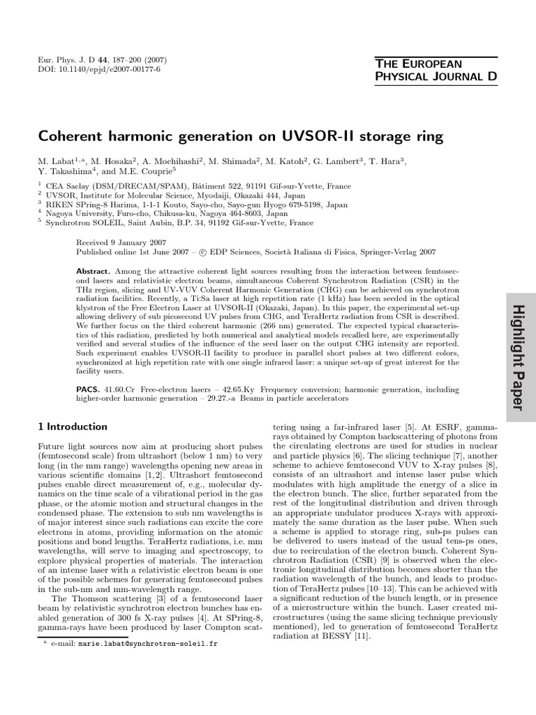 Coherent Harmonic Generation On UVSOR-II Storage Ring: T E P J D | PDF
