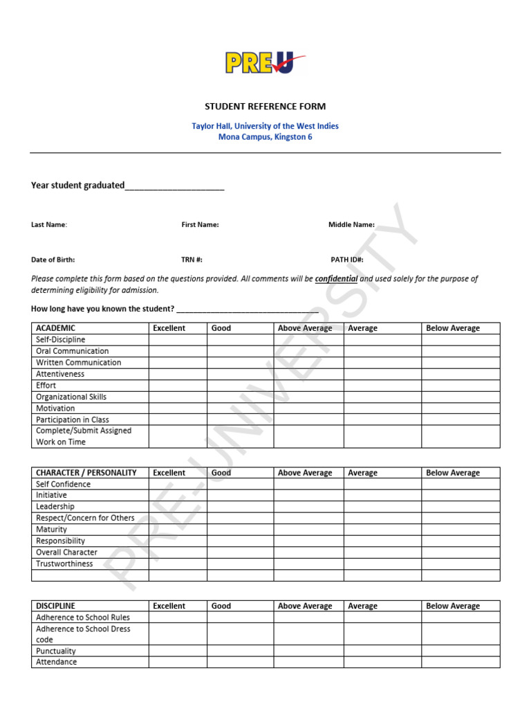 Pre University School Reference Form 2024 | PDF