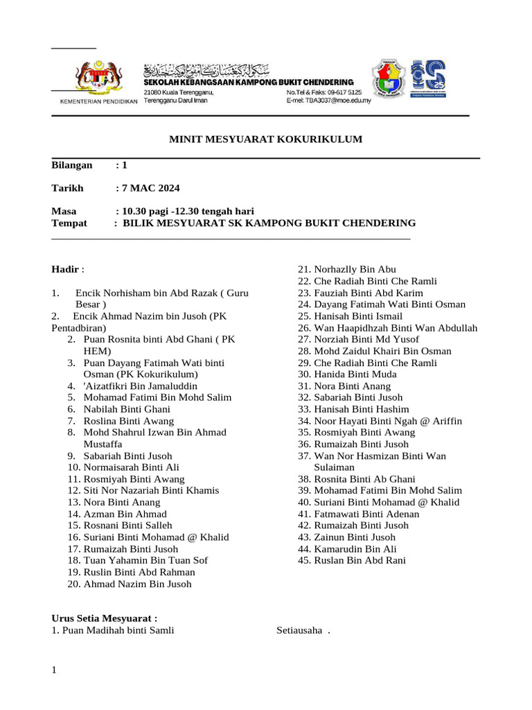 Minit Mesyuarat Kokurikulum Bil 1 2024_2025 | PDF