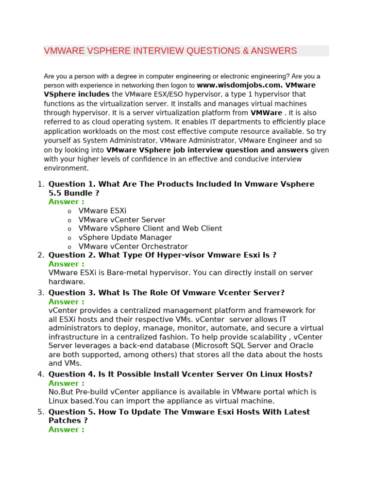 VMWARE VSPHERE INTERVIEW QUESTIONS | PDF