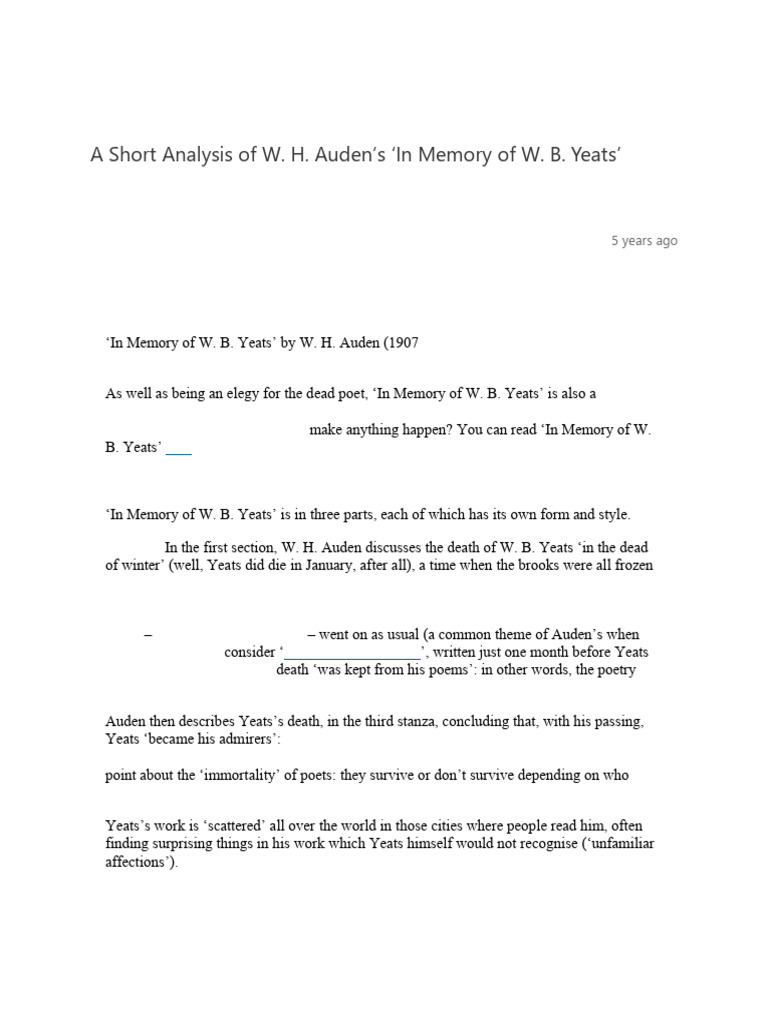 A Short Analysis of W. H. Auden's in Memory of W. B. Yeats' | PDF