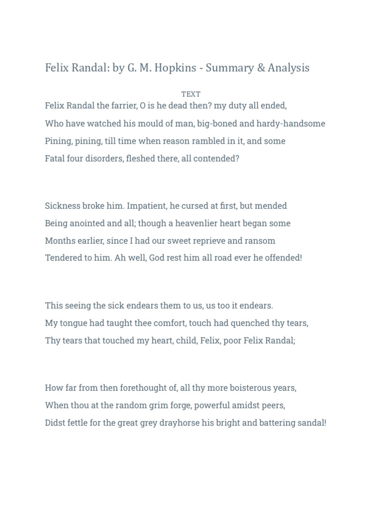 Felix Randal: by G. M. Hopkins - Summary & Analysis | PDF