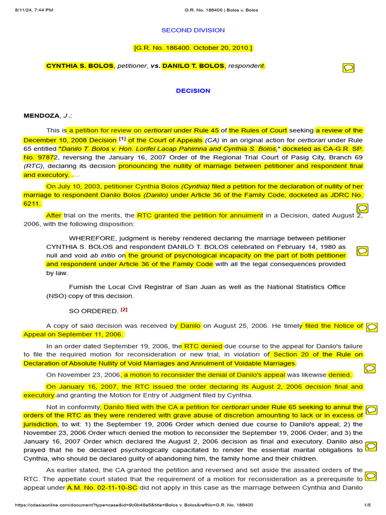 G.R. No. 186400 - Bolos v. Bolos | PDF