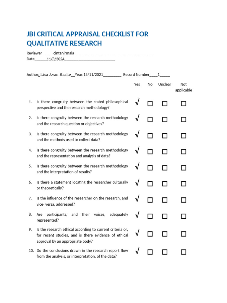 JBI Critical Appraisal Checklist For | PDF