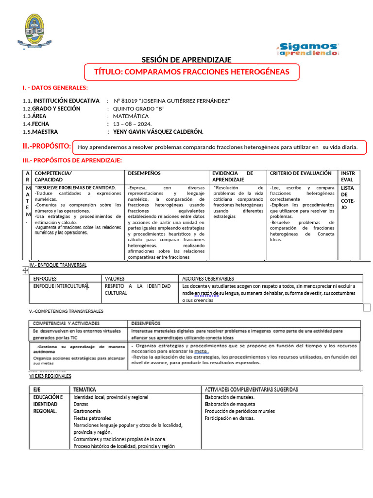 13 Agosto Mat Conecta Ideas COMPARAMOS FRACCIONES HETEROGÉNEAS - 5TO B-YENY | PDF
