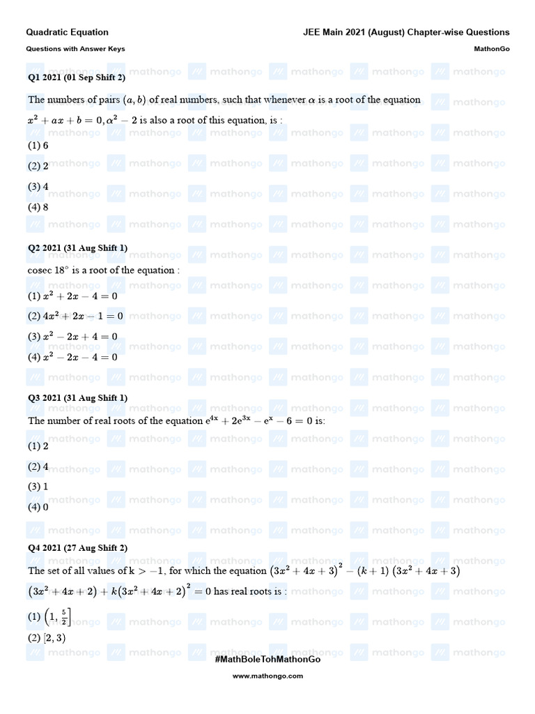 Quadratic Equation - JEE Main 2021 August Chapter-Wise - MathonGo | PDF