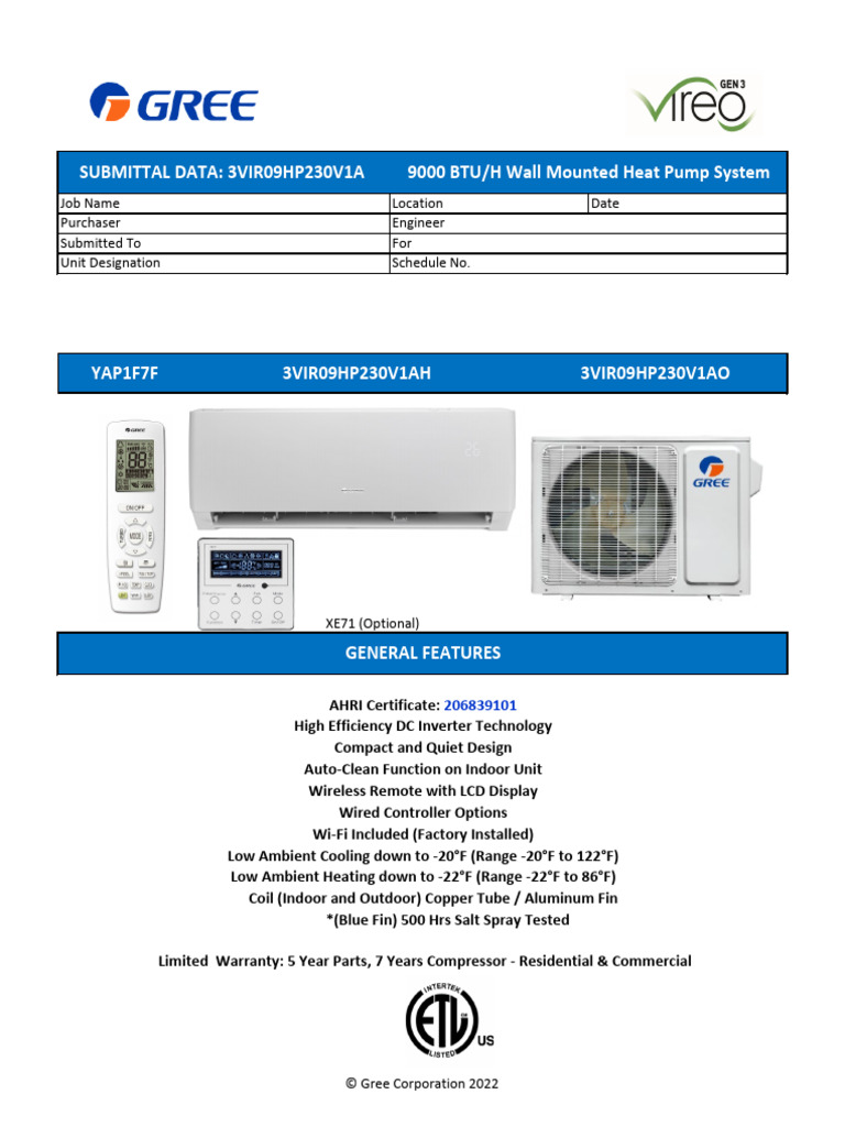 Gree Vireo Gen3 Submittal 9mbh 230v A | PDF | Electromechanical Engineering | Physical Quantities