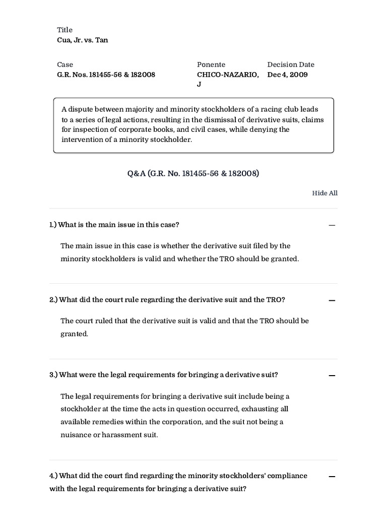 Case Facts - G.R. No. 181455-56 & 182008 - Cua, Jr. vs. Tan | PDF