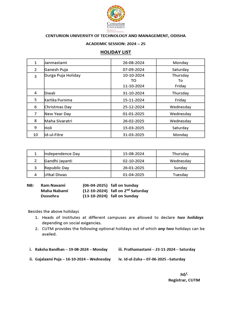 Holiday List 2024 25 | PDF
