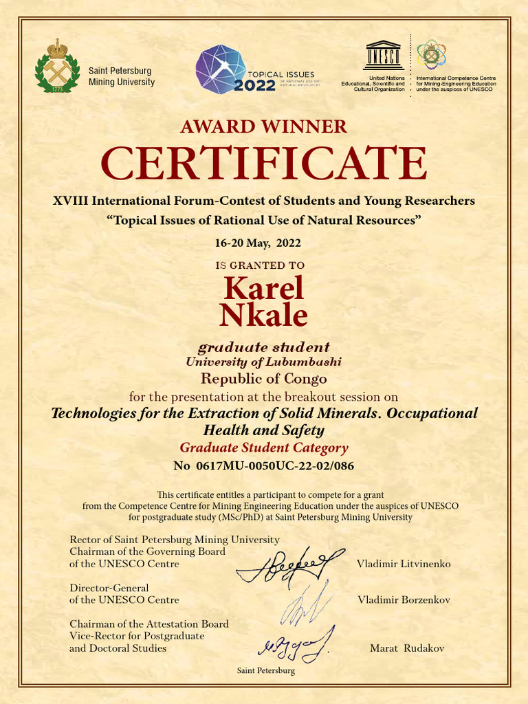 Award Winner - Certificate - Karel | PDF | Minerals | Mining