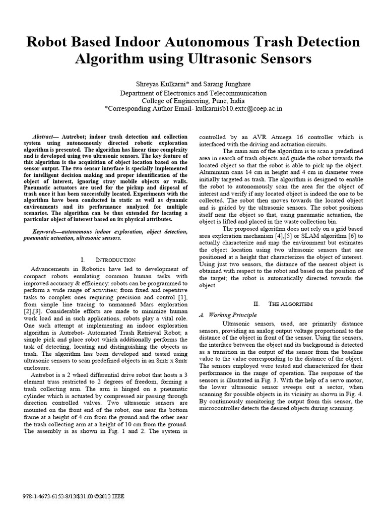 Robot Based Indoor Autonomous Trash Detection Algorithm Using Ultrasonic Sensors Pdf