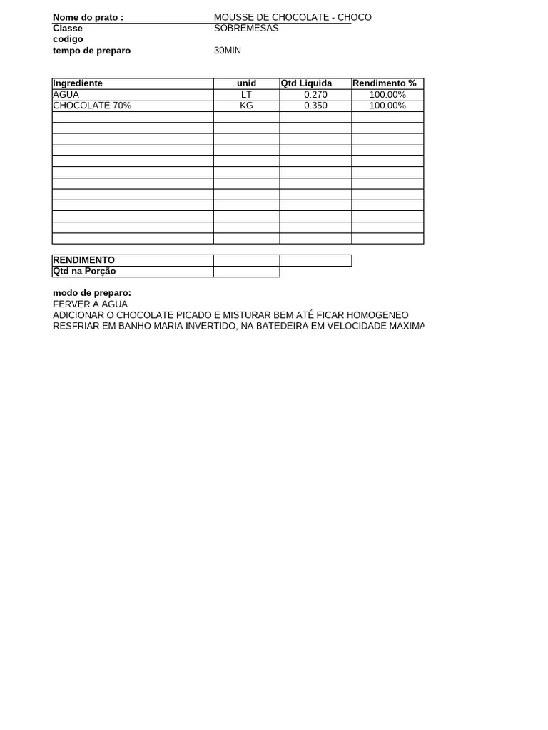 Ficha Mousse Chocolate Choco | PDF