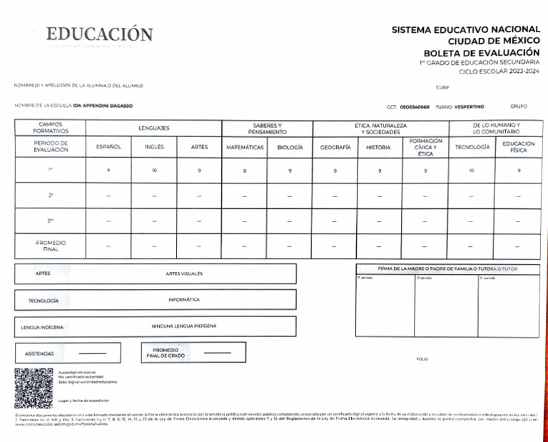 Ejemplo de La Boleta de Calificaciones Ciclo Escolar 2023-2024 | PDF
