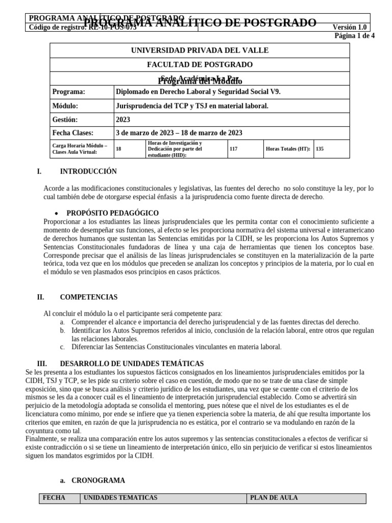 Formato Programa Analítico Postgrado Univalle Virtual 2023 | PDF