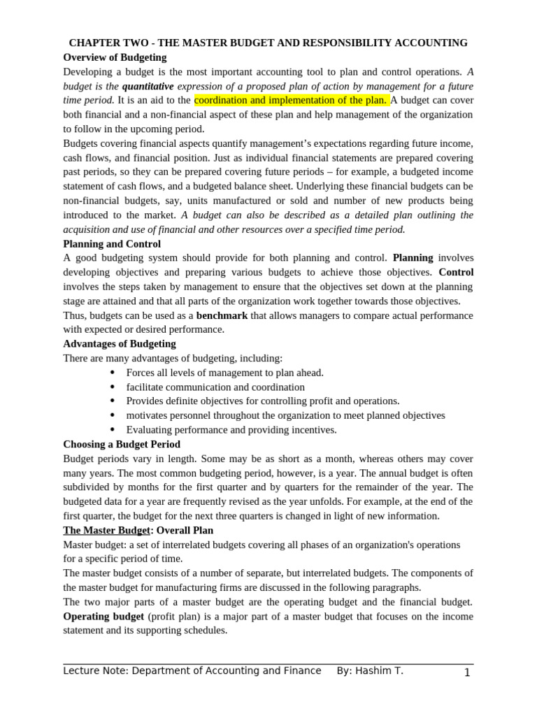 Chapter 2 Master Budget | PDF