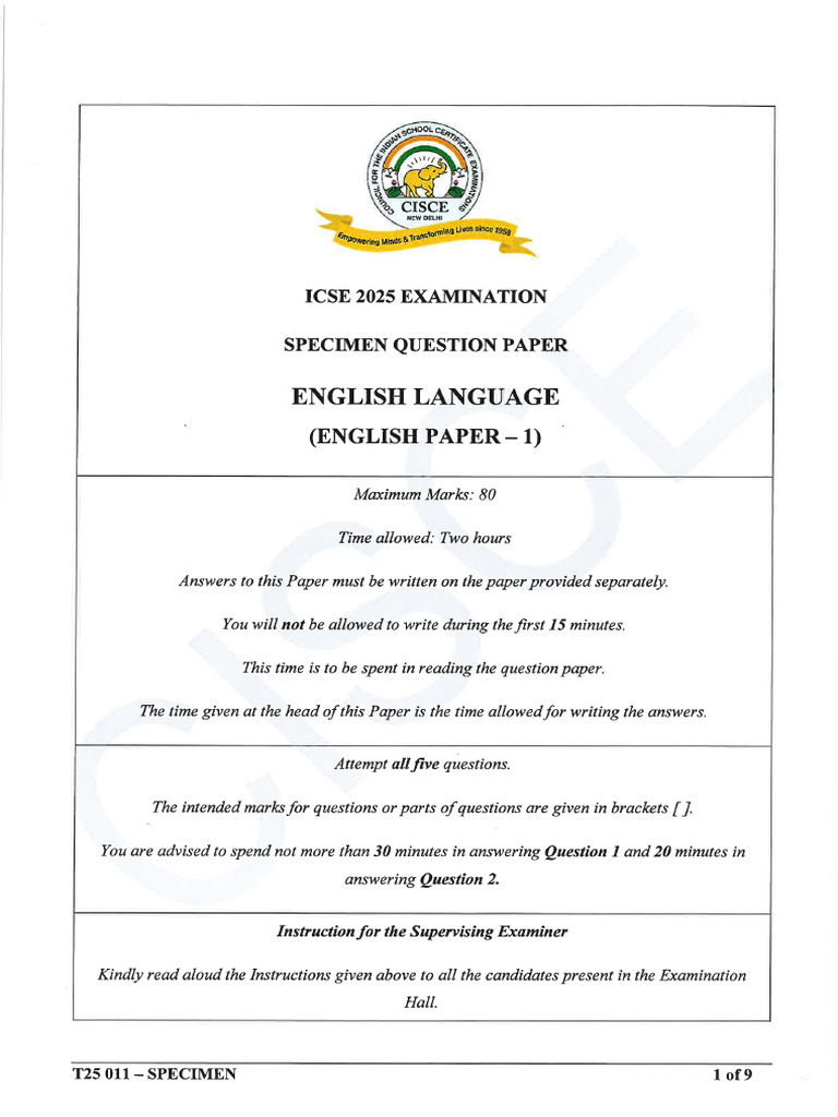 Icse 2025 Specimen 011 Eng1 QP Ms 1 | PDF