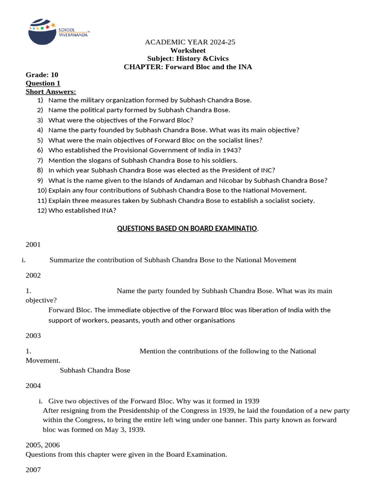 Subhash Chandra Bose (Worksheet) - Questions | PDF