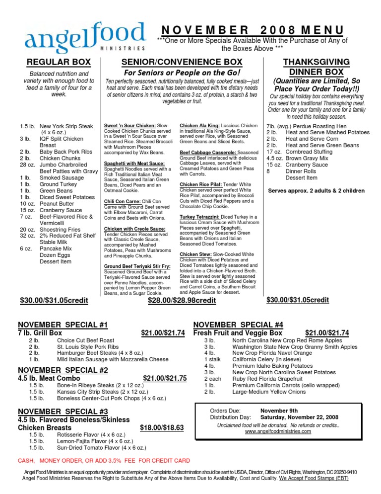 November Menu - Angel Food Ministries | Louisiana Creole Cuisine | Beef