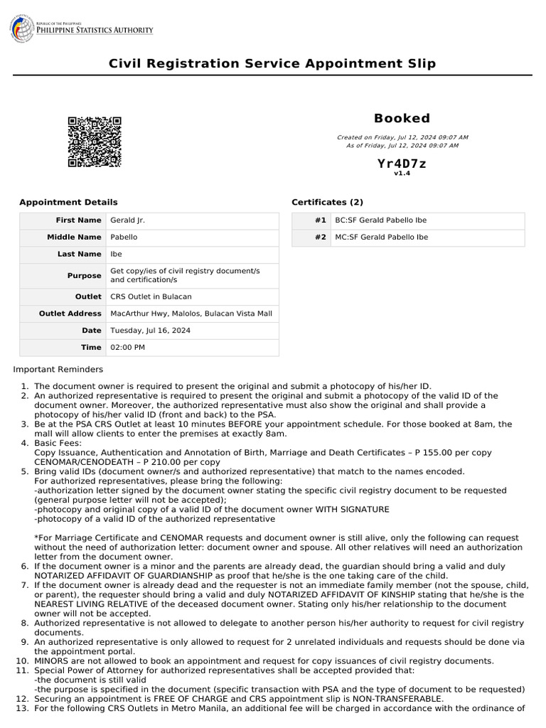 Civil Registration Service Appointment Slip | PDF