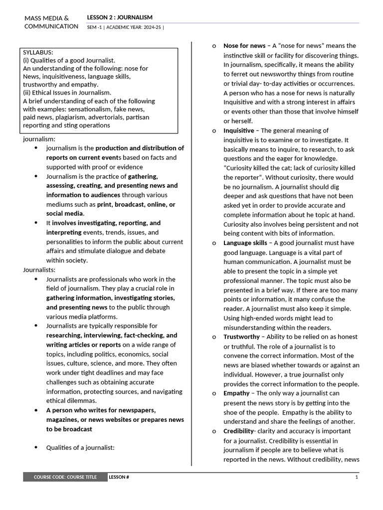 Chapter 2 - Journalism Notes | PDF