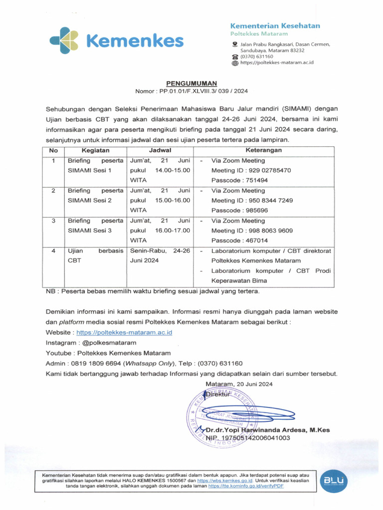 Pengumuman Jadwal Ujian Simami | PDF